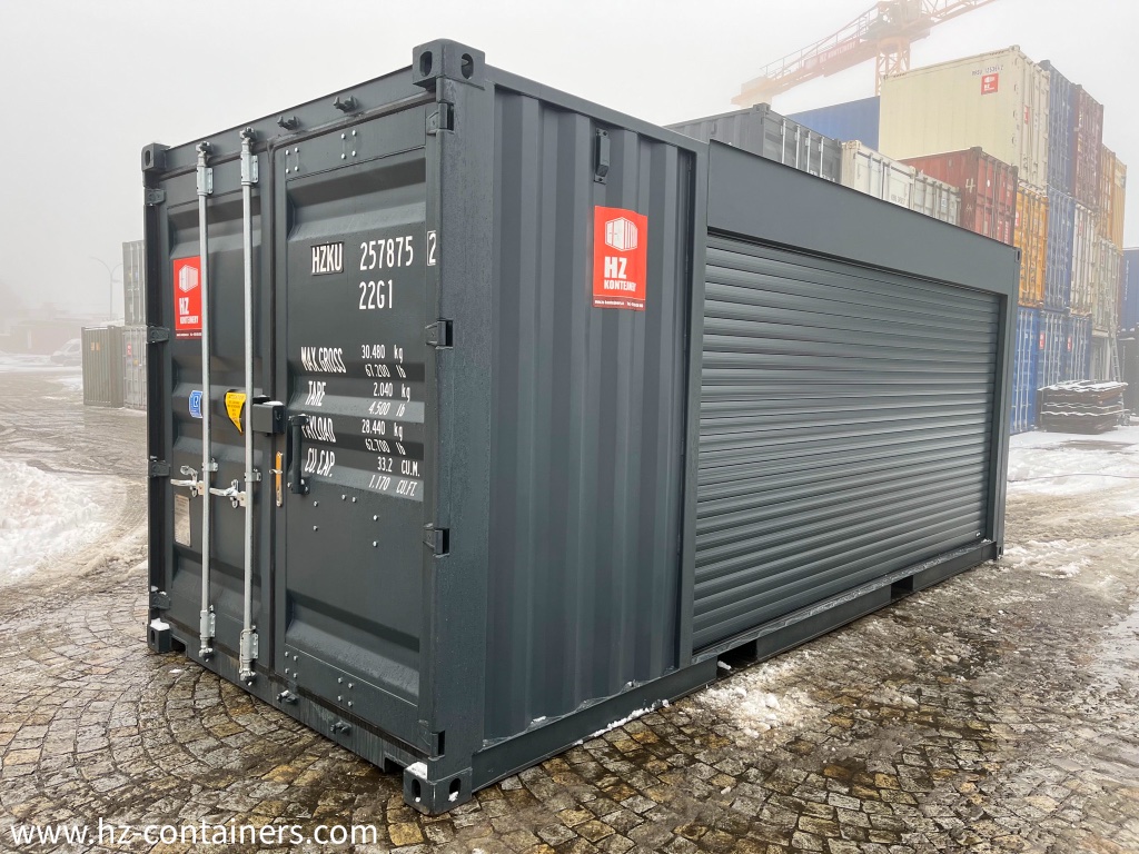 Anthracite painted shipping container with roller shutter and 20 ...